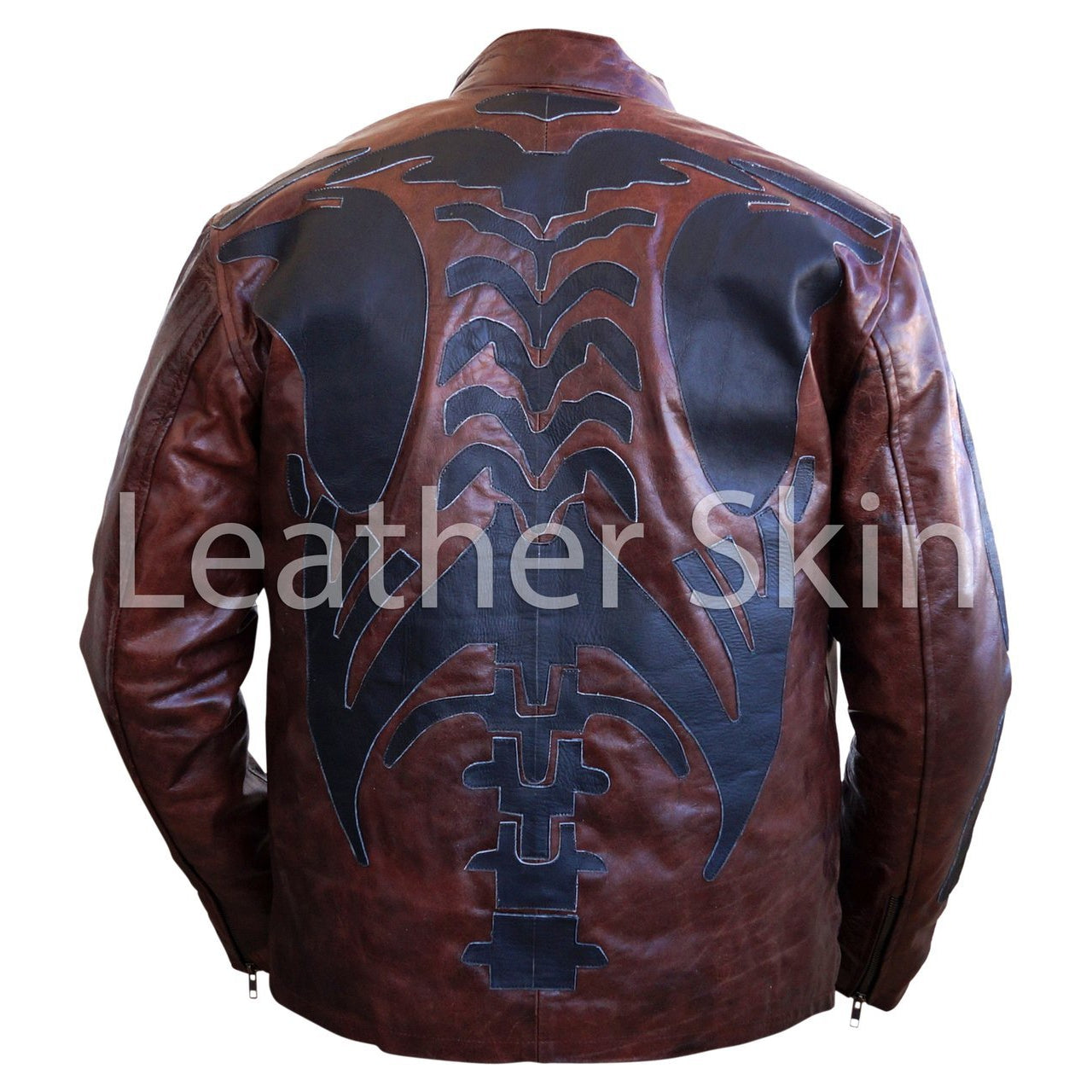 Men Two Tone Distressed Brown Black Skeleton Biker Motorcycle Leather ...