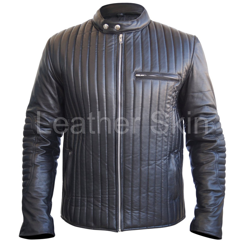 Home / Products / Leather Skin Men Black Rib Quilted Genuine Leather Jacket