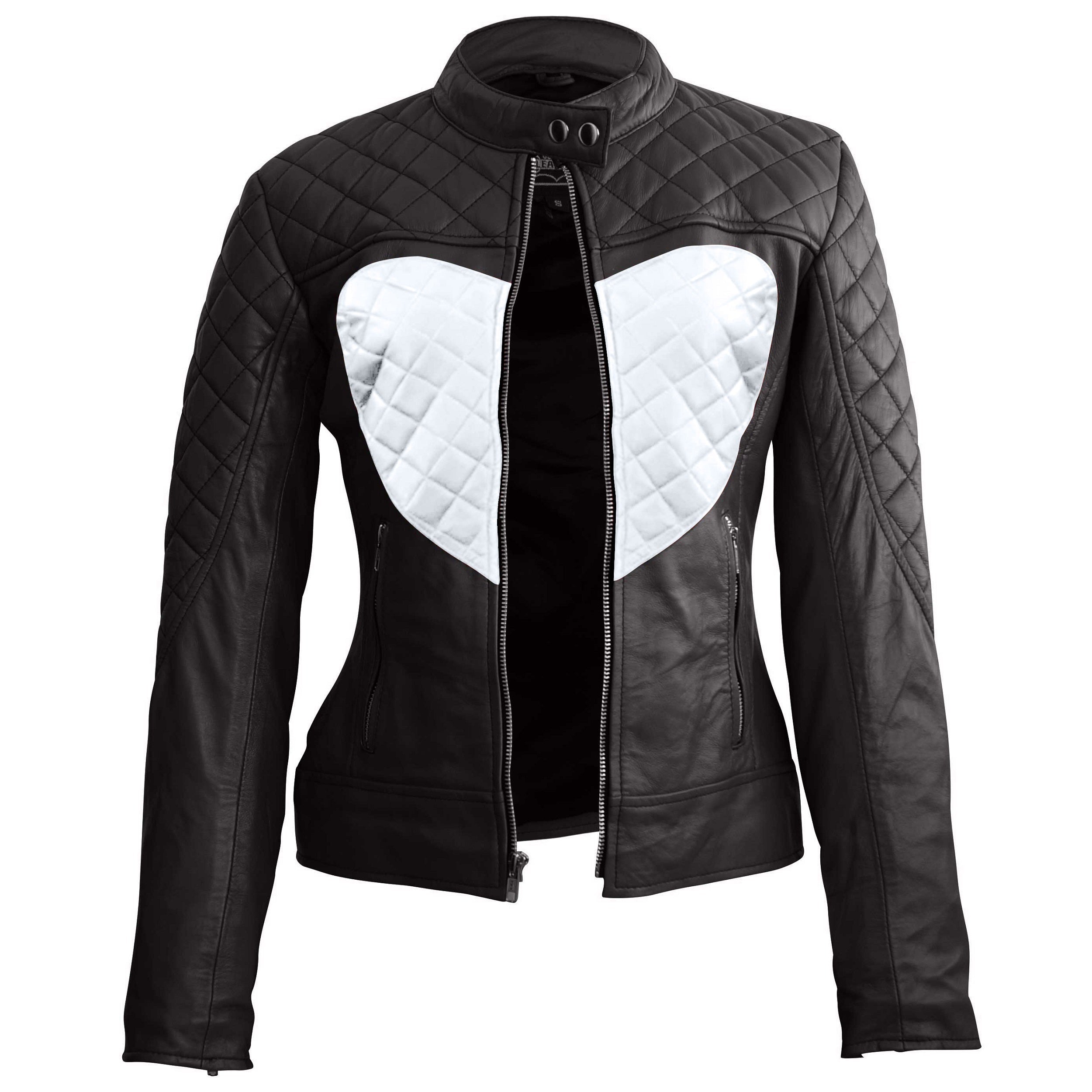 Leather Skin Women Shoulder Quilted White Love Heart Genuine Leather Jacket