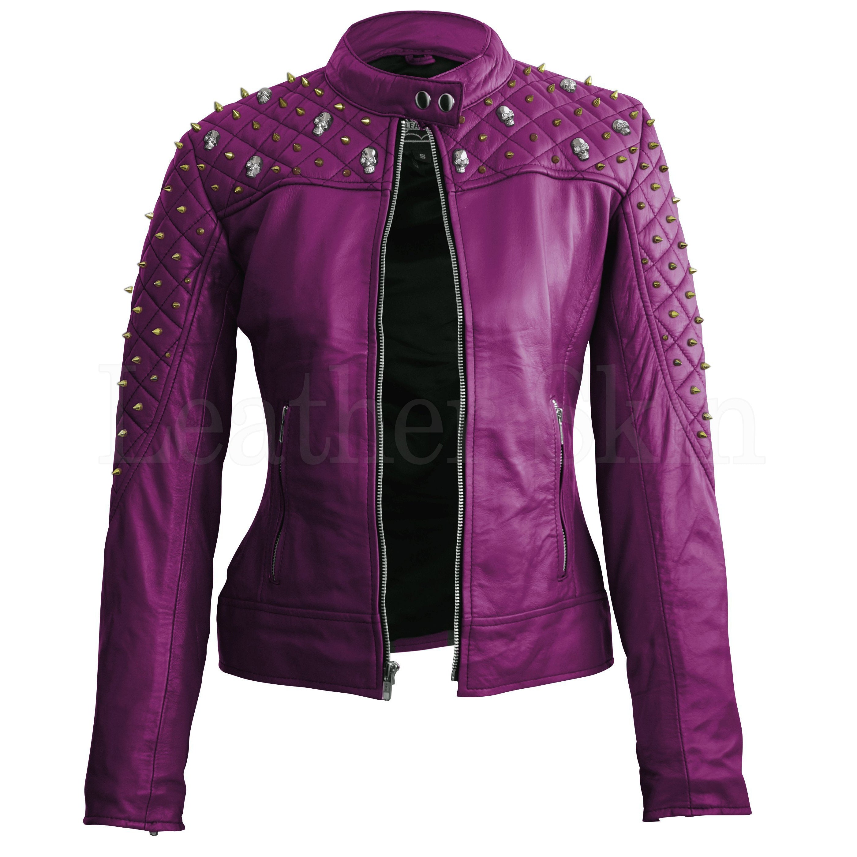 Home / Products / Leather Skin Women Purple Quilted Gold Studded ...
