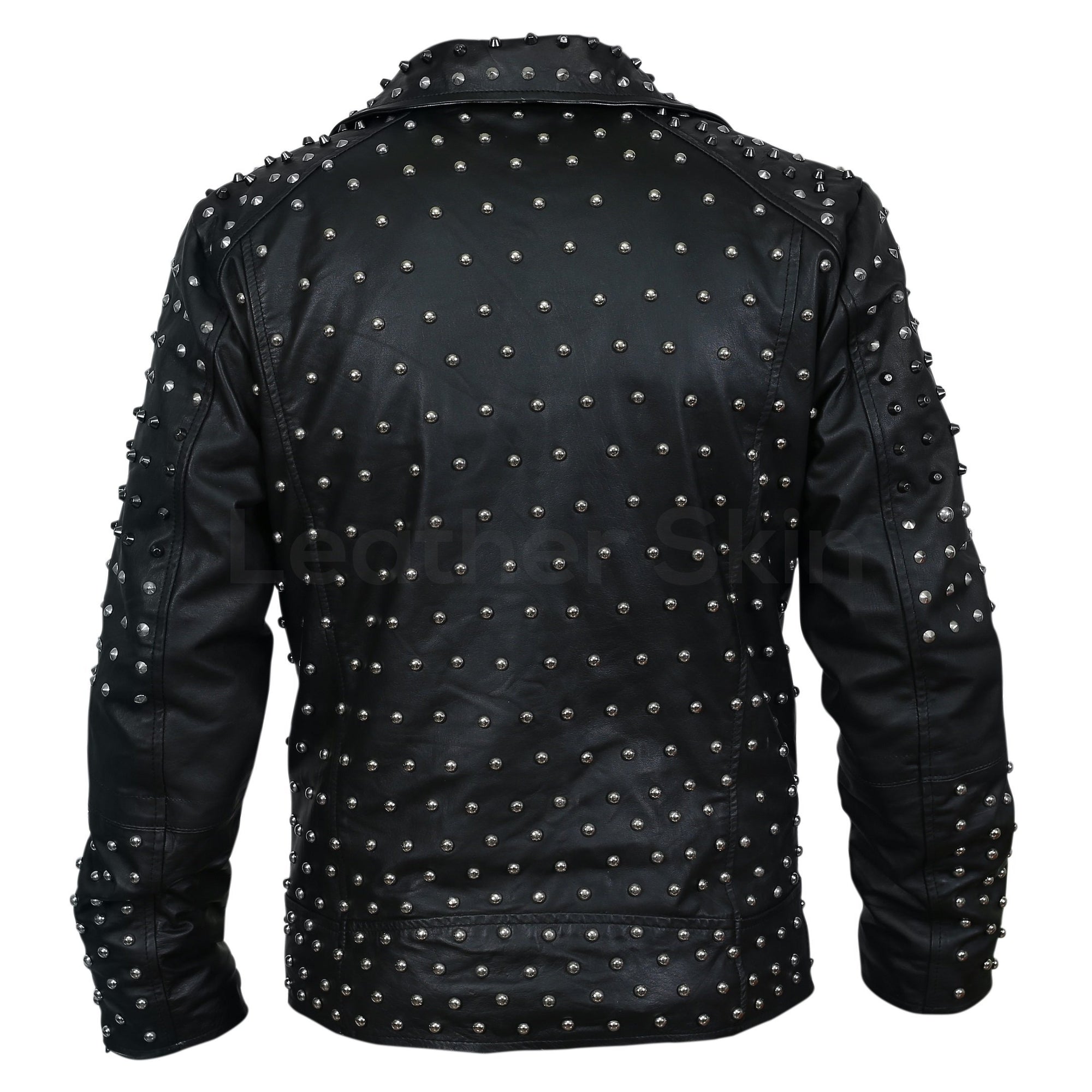Men Black Cone Spike and Roundhead Studs Leather Jacket