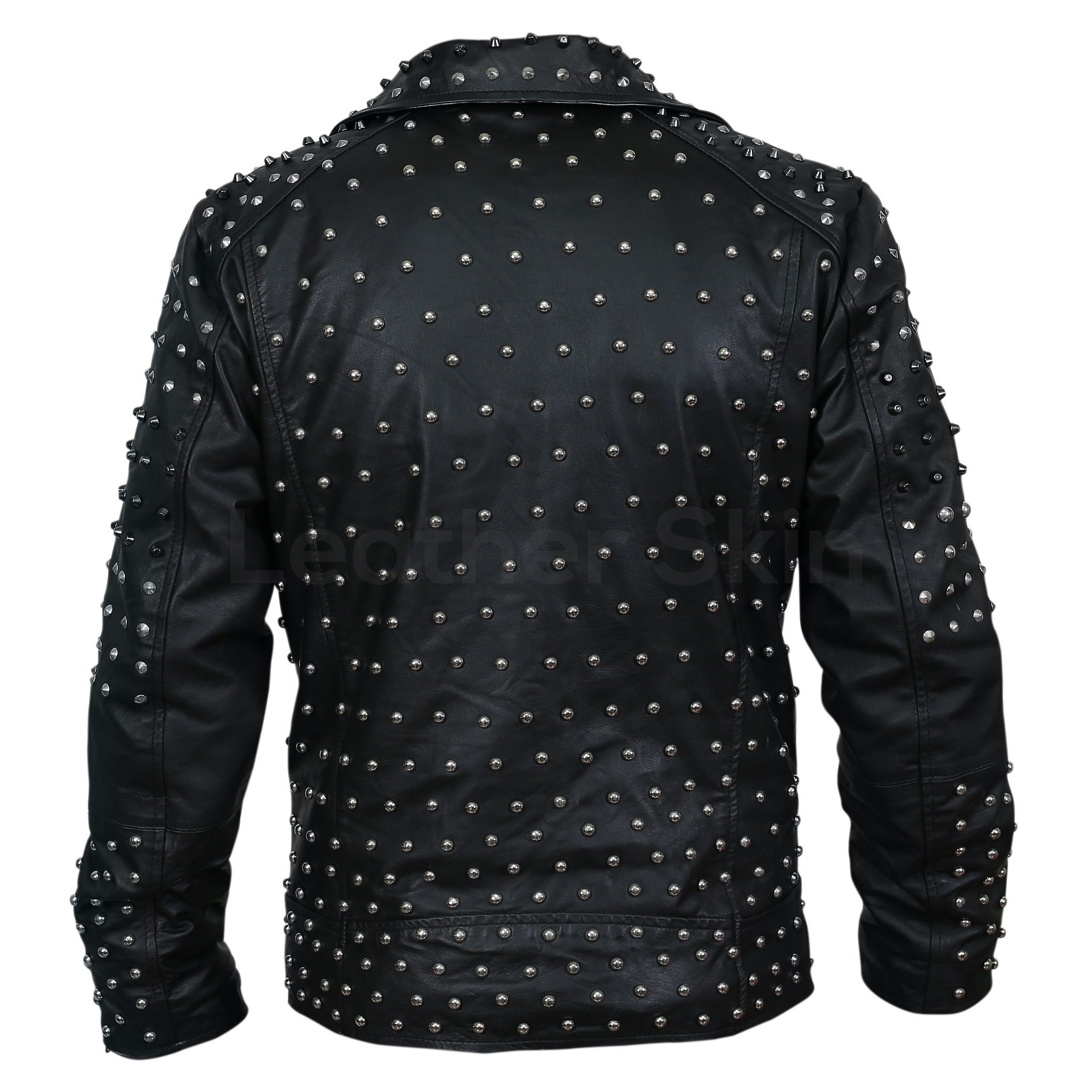 Men Black Cone Spike and Roundhead Studs Leather Jacket