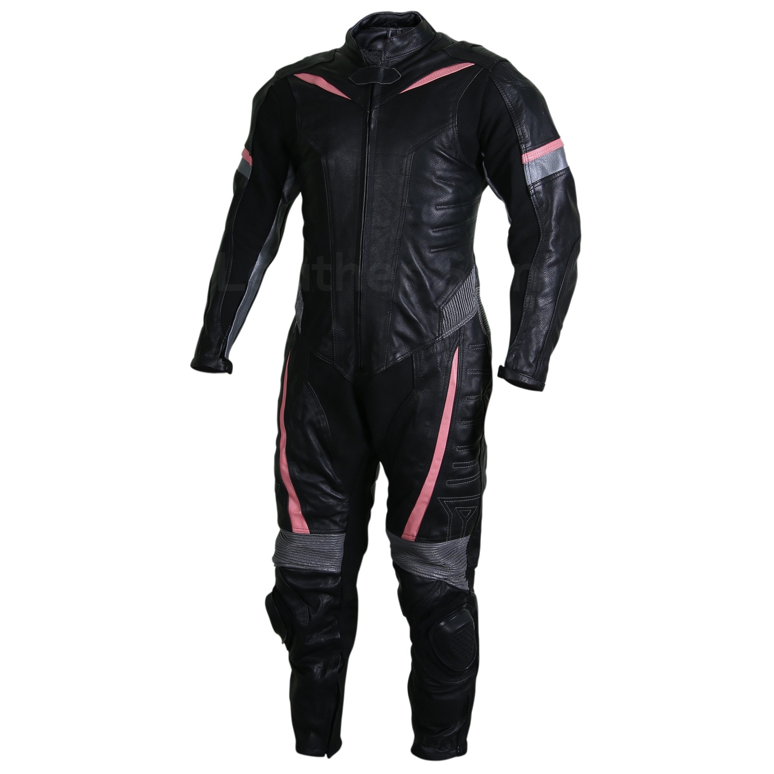 Home / Products / Men Black Motorcycle Leather Suit with Gray and Pink ...