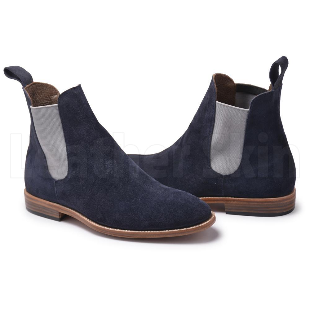 Home / Products / Men Blue Chelsea Suede Leather Boots with White Stretch