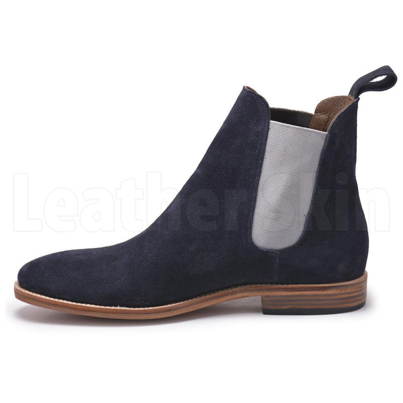 Men Blue Chelsea Suede Leather Boots with White Stretch