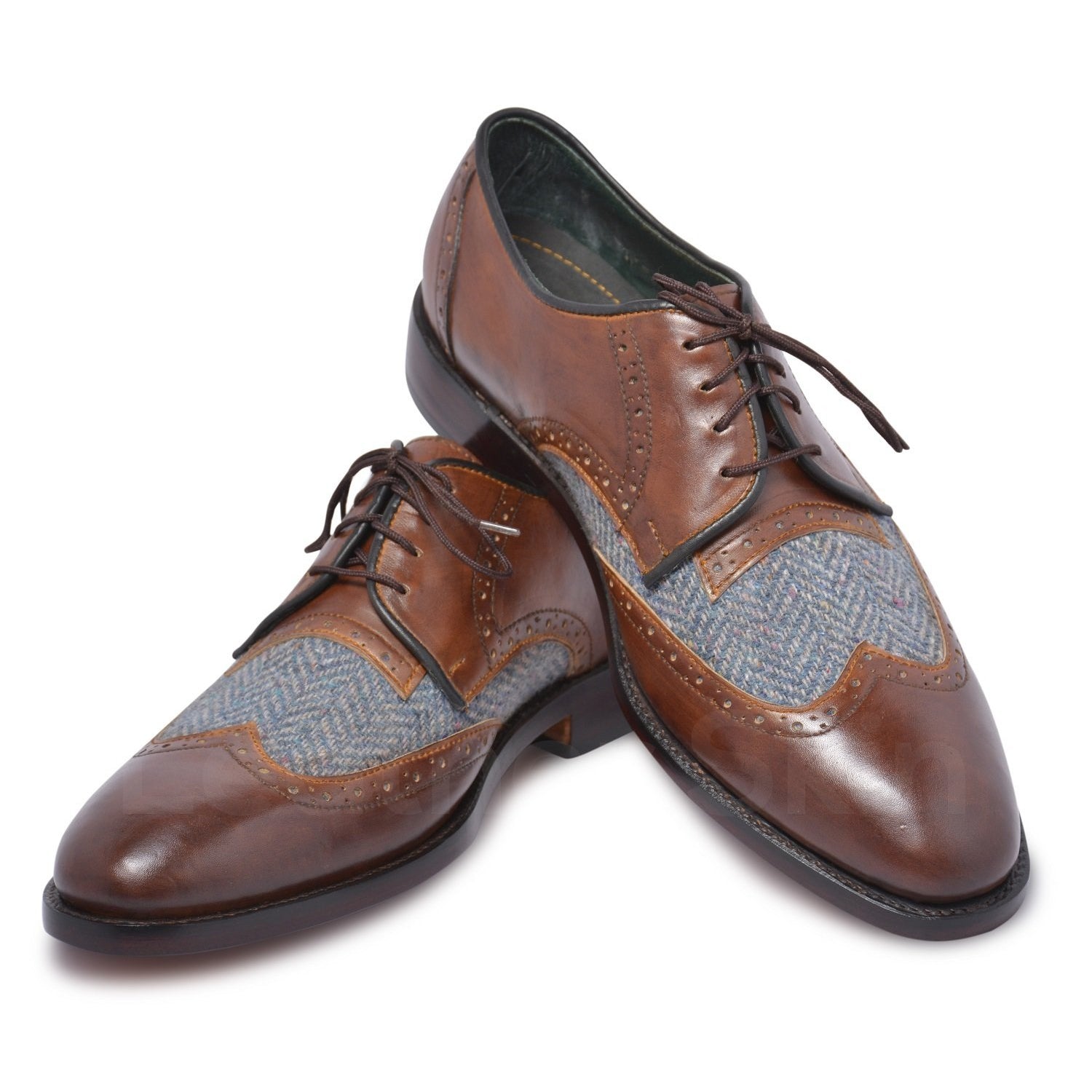 Home / Products / Men Brown Wingtip Derby Leather Shoes with Fabric ...