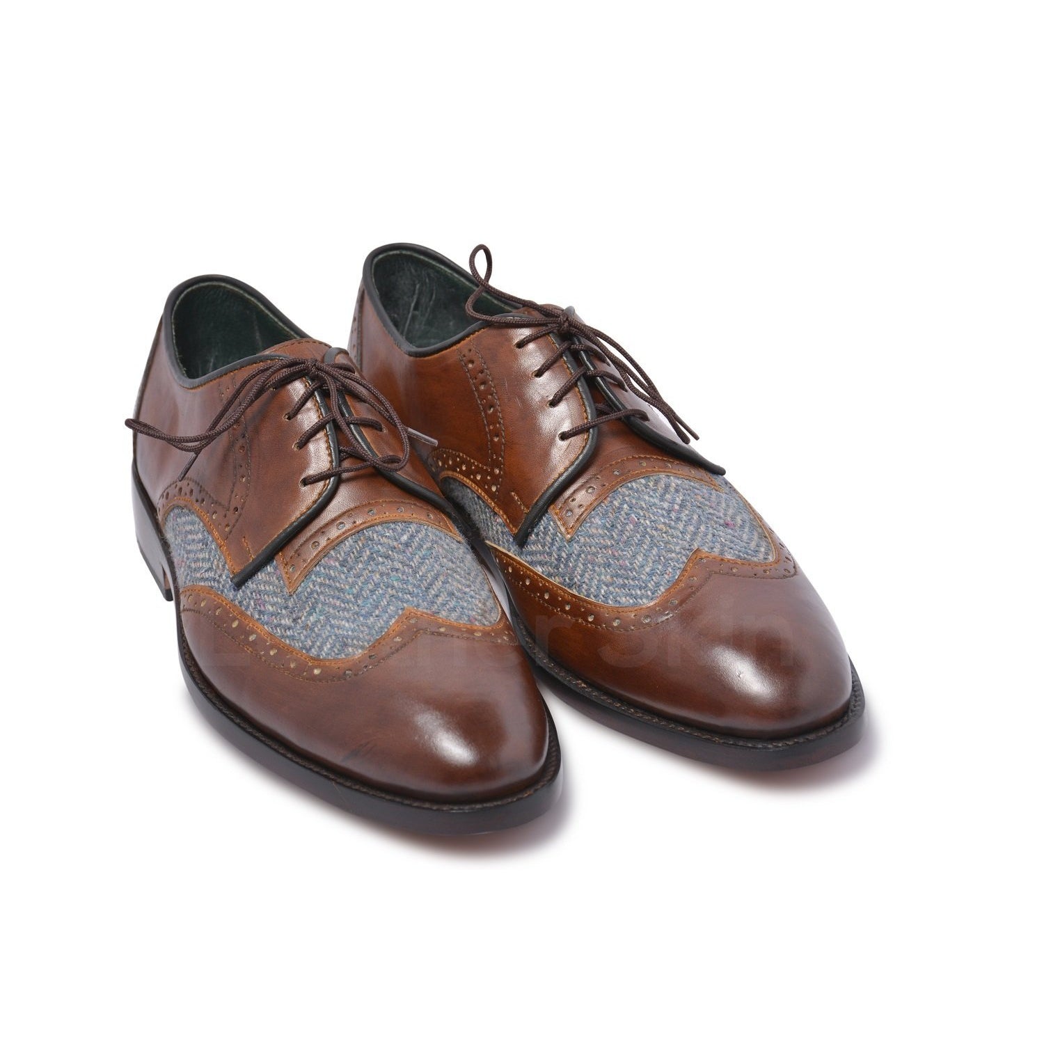 Home / Products / Men Brown Wingtip Derby Leather Shoes with Fabric ...