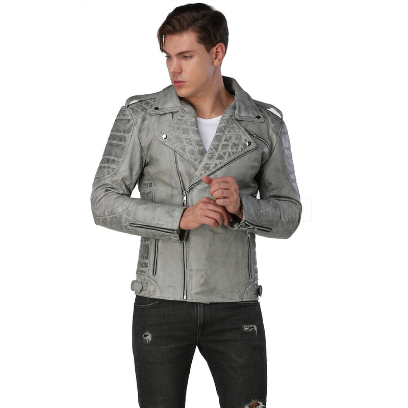 Home / Products / Men Distressed Gray Biker Leather Jacket