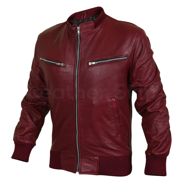 Home / Products / Men Maroon Red Genuine Leather Jacket with Elastic Bottom