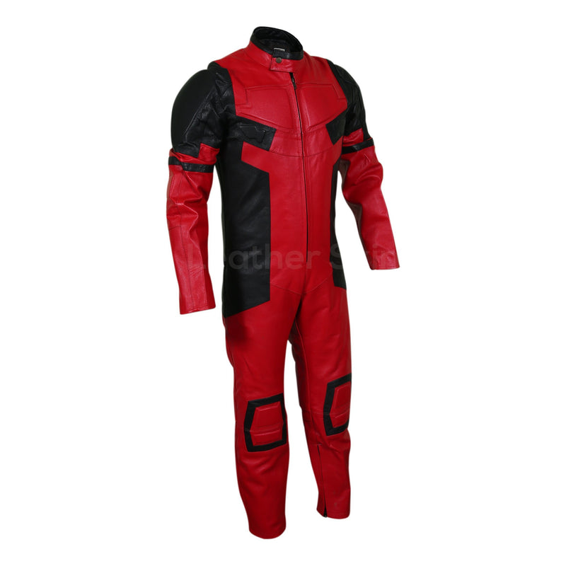 Men Red Black Motorcycle Padded Genuine Leather Suit