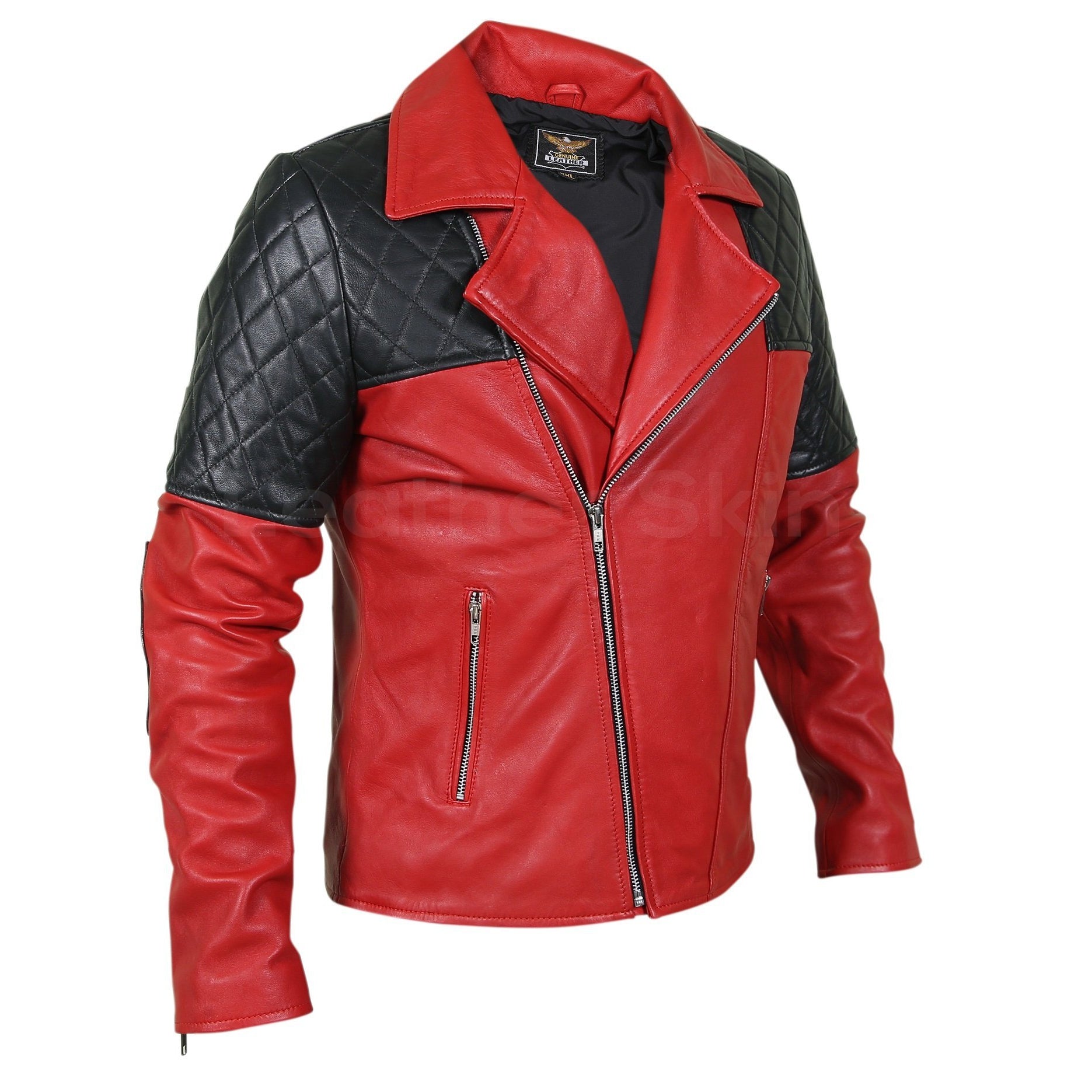 Home / Products / Men Red Genuine Leather Jacket with Black Diamond ...