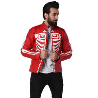 Leather Skin Men Red Skeleton Biker Motorcycle Genuine Leather Jacket