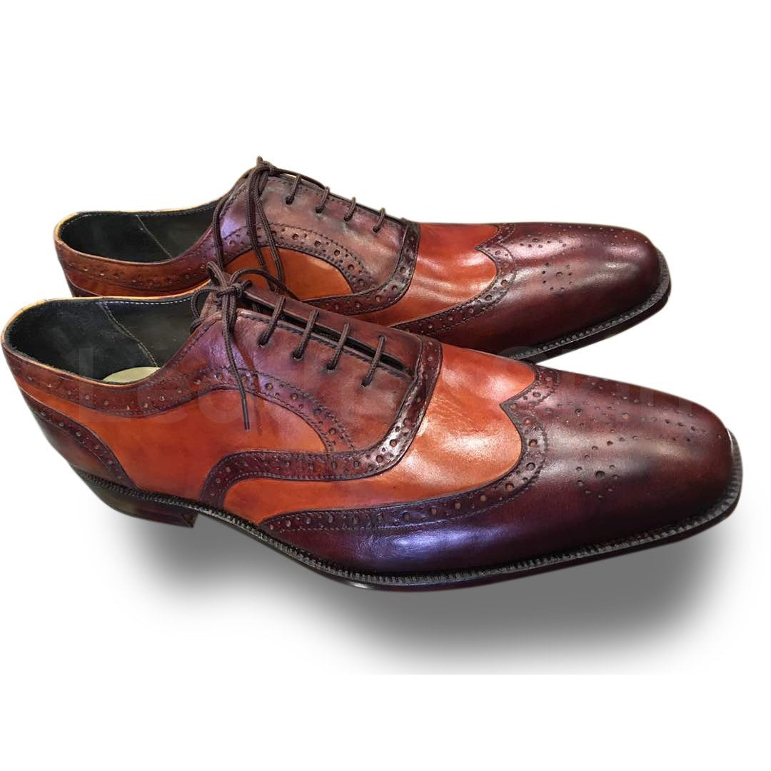 Men Red Tan Two Tone Oxford Brogue Leather Shoes