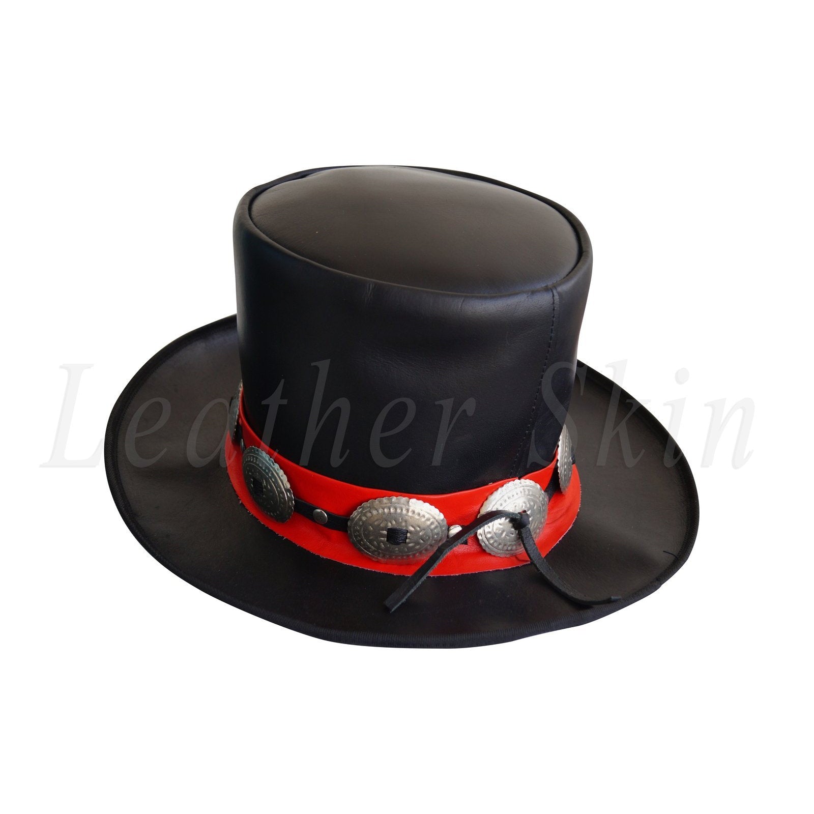Home / Products / Men Black Leather Wild West Top Hat with Conchos ...