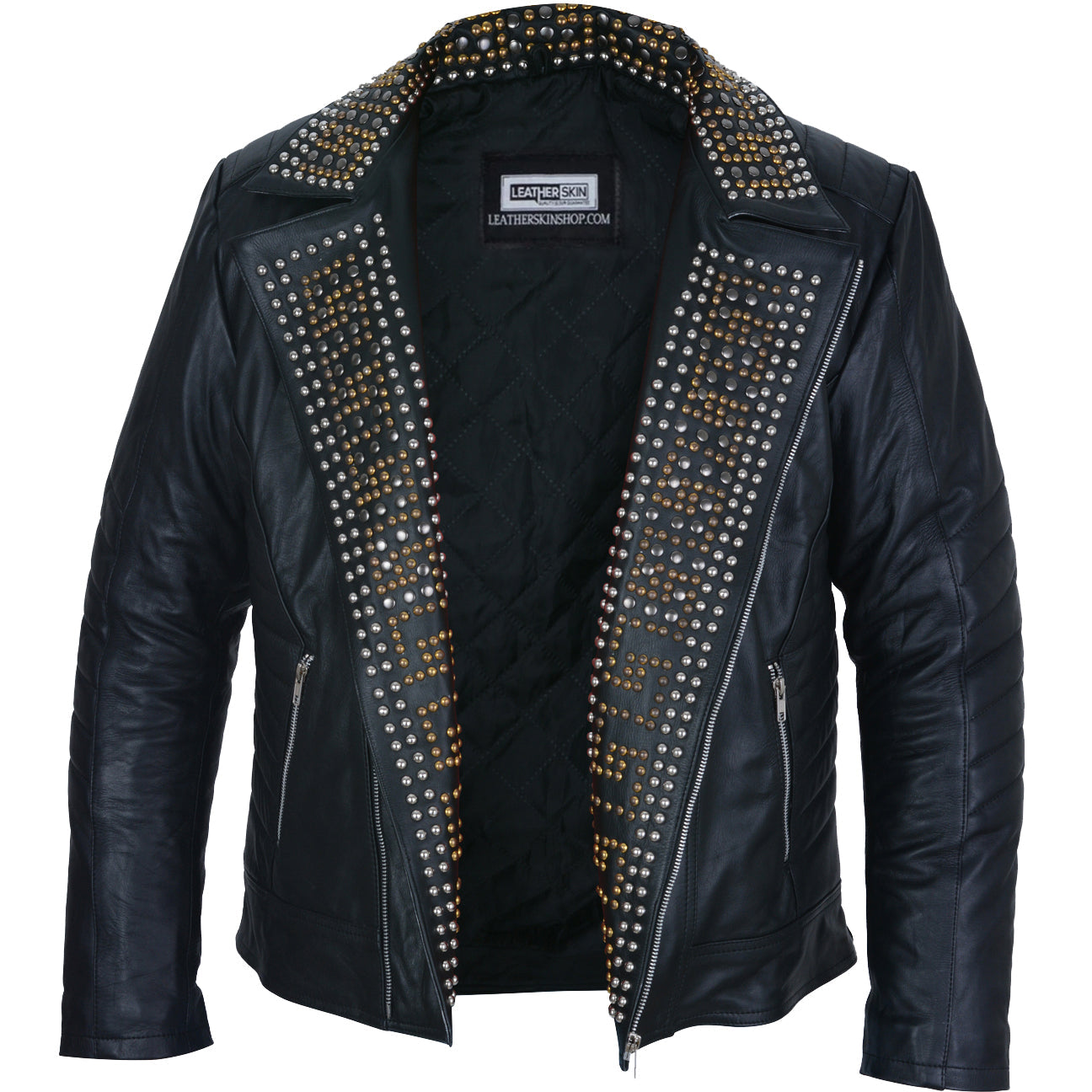 Mens Black Leather Jacket - Studded Spiked Studs Punk Asymmetrical Zip ...