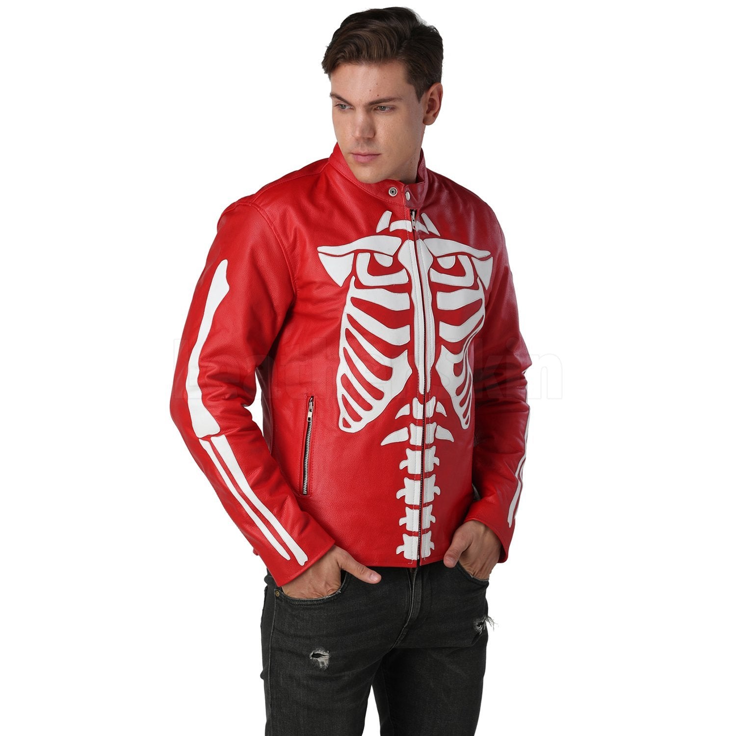 Home / Products / Red Motorcycle Leather Jacket with white skeleton