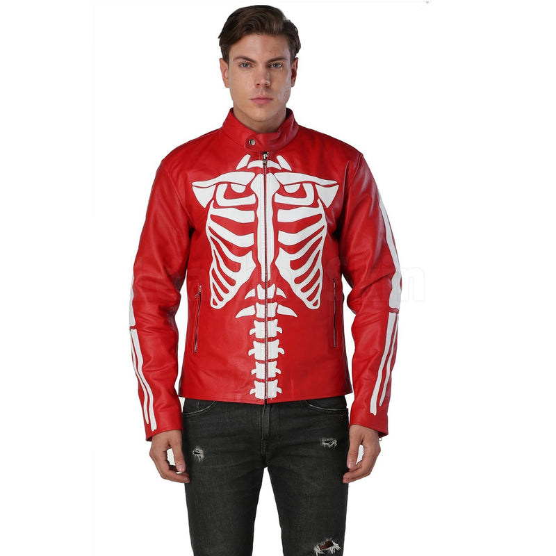 Red Motorcycle Leather Jacket with white skeleton
