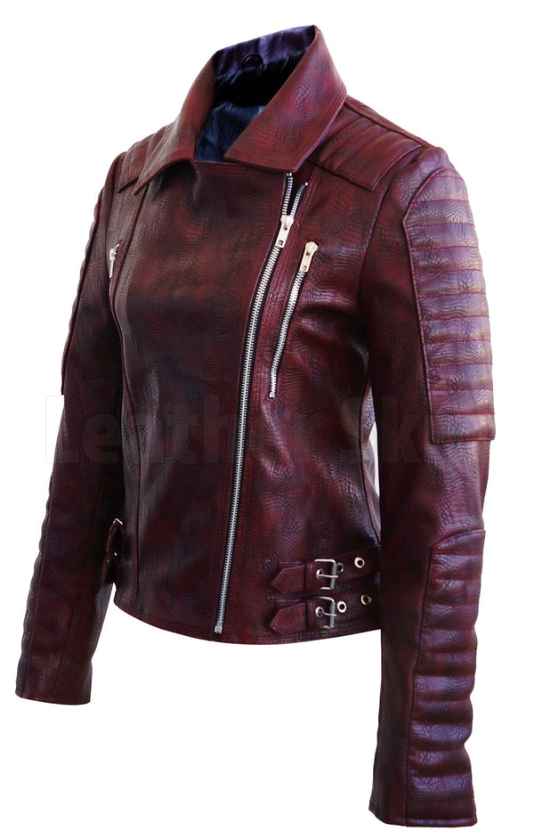 Snake Leather Distressed Pattern Women Dark Maroon Red Leather Jacket ...