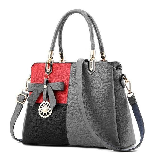Three Color Combo Faux-Leather Tote Shoulder Bag with a Solar Symbol Tassel