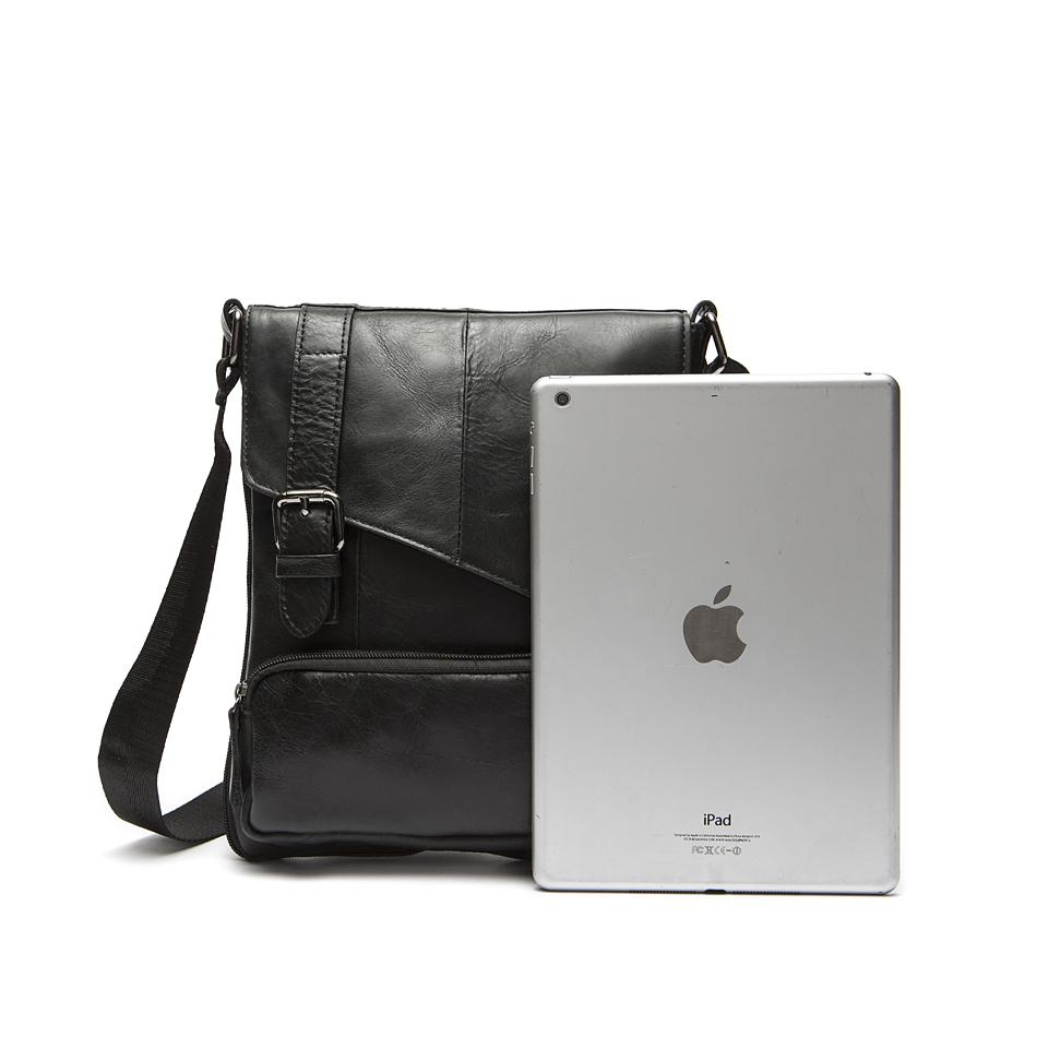 Men Black Natural Leather Shoulder Bag with a Belt Buckle Flap Closure ...