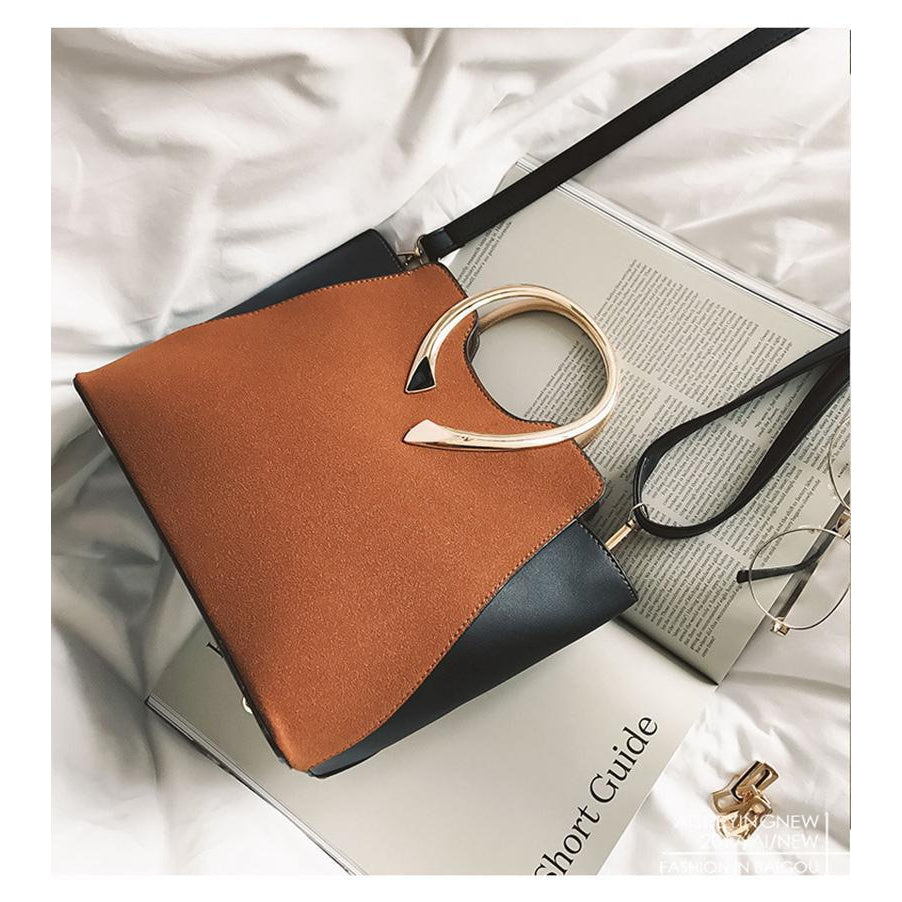 Women Tote Faux-Leather Handbag with Golden Metal Grab Handles